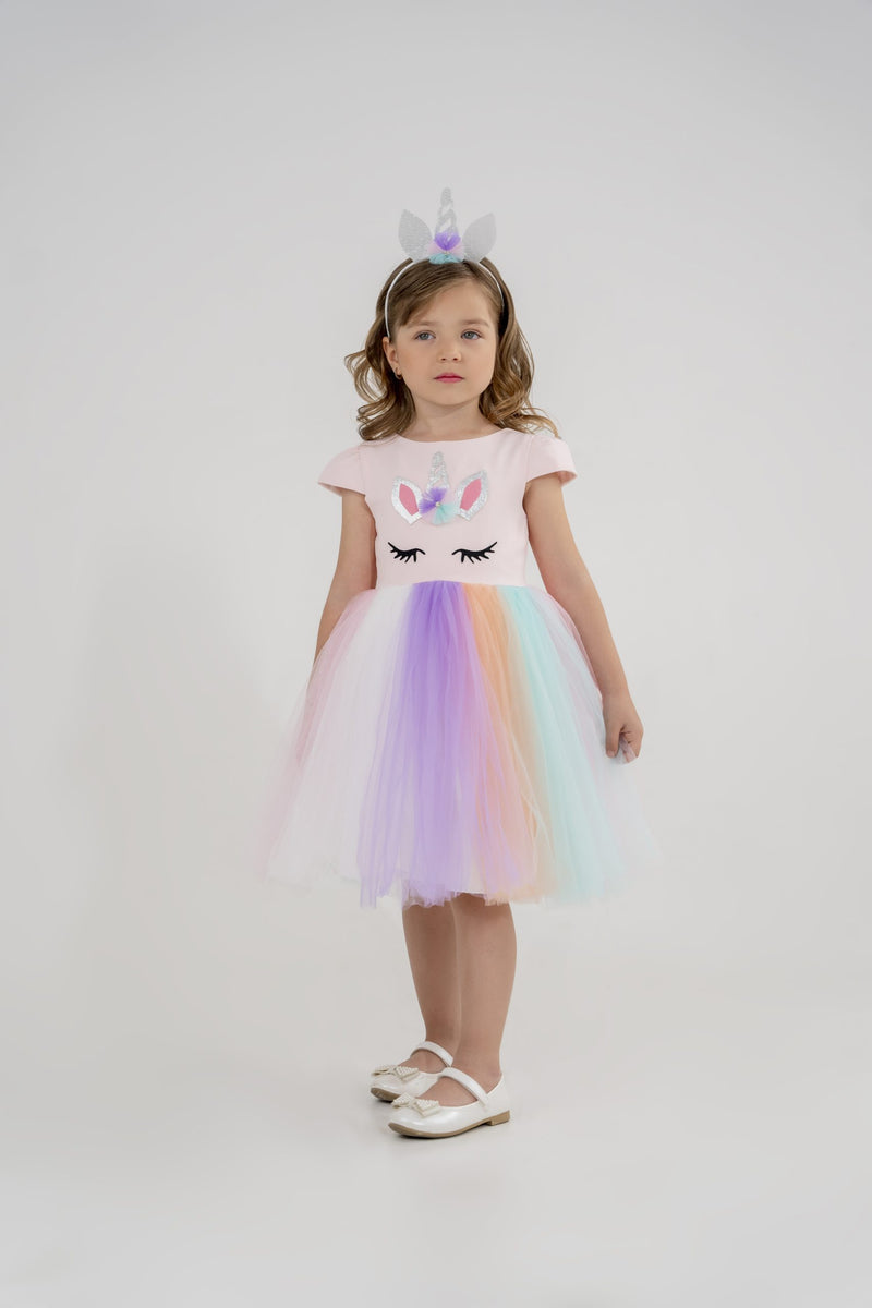 Rochie cu Unicorn si Fundita, cu Maneca Scurta, cu Cordeluta pentru Par ...